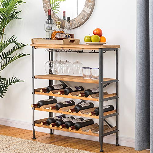 glitzhome Rustic Wine Rack 5-Tier Free Standing Floor Wine Rack for Wine Bottles and Glasses 21-Bottle Stackable Capacity Wine Storage Shelves with Glass Holder Wood Wine Rack for Kitchen Bar Pantry