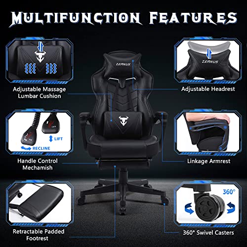 Zeanus Gaming Chairs with Footrest Recliner Computer Chair for Adults Massage Gaming Chair Big and Tall Gaming Chair Ergonomic Office Gamer Chair for Heavy People Recliner Racing Gaming Chair Black