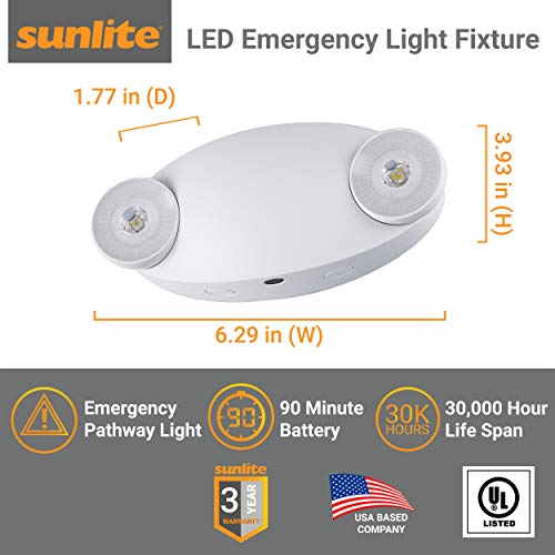 Sunlite 05269-SU Compact LED Emergency Light Fixture, 2 Watts, 120-277 Volt, Dual Heads, 90-Minute Battery Backup, Wall or Ceiling Mount, IP20, UL Listed, White