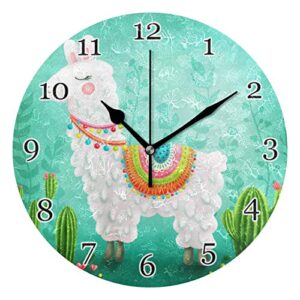 wall clock cute cartoon alpaca cactus tropical, quiet silent non ticking round clock for kitchen bedroom living room office classroom home decor