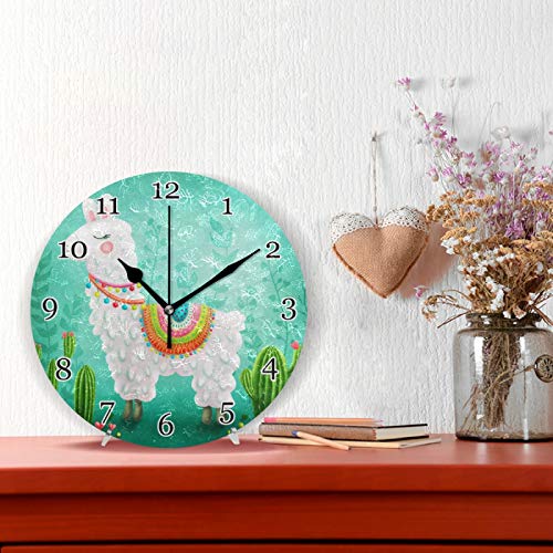 Wall Clock Cute Cartoon Alpaca Cactus Tropical, Quiet Silent Non Ticking Round Clock for Kitchen Bedroom Living Room Office Classroom Home Decor