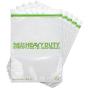 heavy duty reusable stand-up ziplock bags for food storage by smelly proof, usa made, no peva & bpa free, reusable freezer bags, dishwasher-safe, triple zip, clear 5-mils xxl 2-gallon 12" x 16" - 5pk