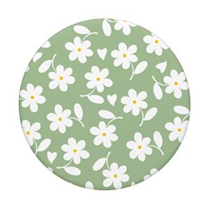 Matcha Green - White Daisy Flower Floral Heart Leaves PopSockets Swappable PopGrip