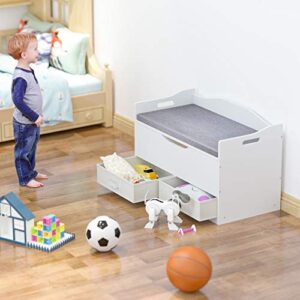 Timy Wooden Toy Box with Bench Seat, Toy Storage Chest with 2 Reversible Baskets and Safety Hinge for Kids, White