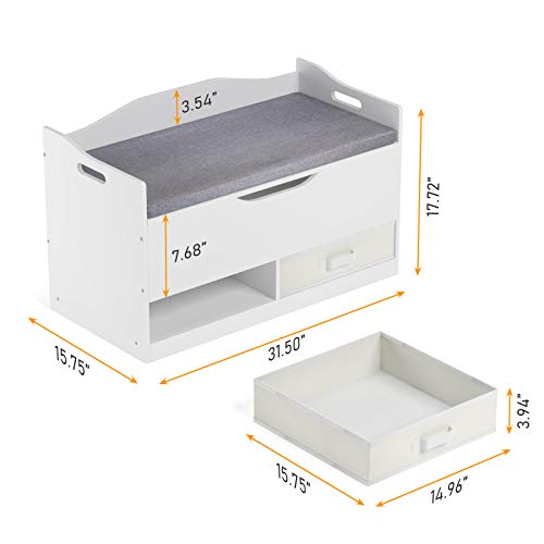 Timy Wooden Toy Box with Bench Seat, Toy Storage Chest with 2 Reversible Baskets and Safety Hinge for Kids, White