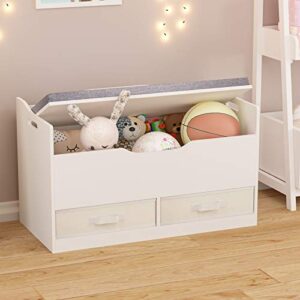 Timy Wooden Toy Box with Bench Seat, Toy Storage Chest with 2 Reversible Baskets and Safety Hinge for Kids, White