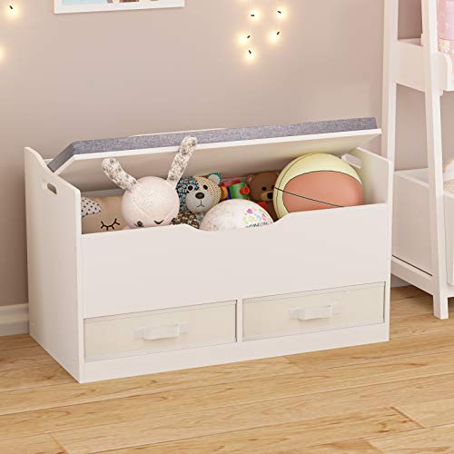 Timy Wooden Toy Box with Bench Seat, Toy Storage Chest with 2 Reversible Baskets and Safety Hinge for Kids, White