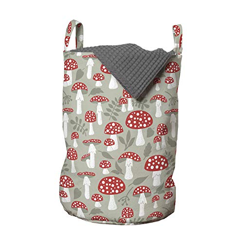 Ambesonne Cartoon Laundry Bag, Poisonous Amanita Mushroom Pattern with Foliage and Berry Silhouettes, Hamper Basket with Handles Drawstring Closure for Laundromats, 13" x 19", Pale Sage Green White