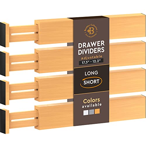 Adjustable Bamboo Drawer Dividers Organizers - Fits Standard Drawers Sized 12.2" Upto 17.3"- Expandable Kitchen Drawer Organizer Separator for Utensils, Dresser, Clothes, Bedroom, Bathroom 4pk, Natural