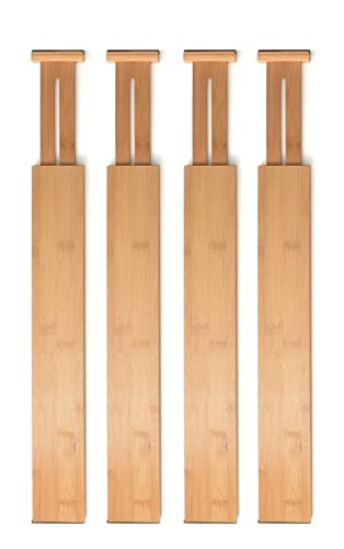 Adjustable Bamboo Drawer Dividers Organizers - Fits Standard Drawers Sized 12.2" Upto 17.3"- Expandable Kitchen Drawer Organizer Separator for Utensils, Dresser, Clothes, Bedroom, Bathroom 4pk, Natural