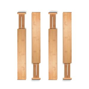 Adjustable Bamboo Drawer Dividers Organizers - Fits Standard Drawers Sized 12.2" Upto 17.3"- Expandable Kitchen Drawer Organizer Separator for Utensils, Dresser, Clothes, Bedroom, Bathroom 4pk, Natural