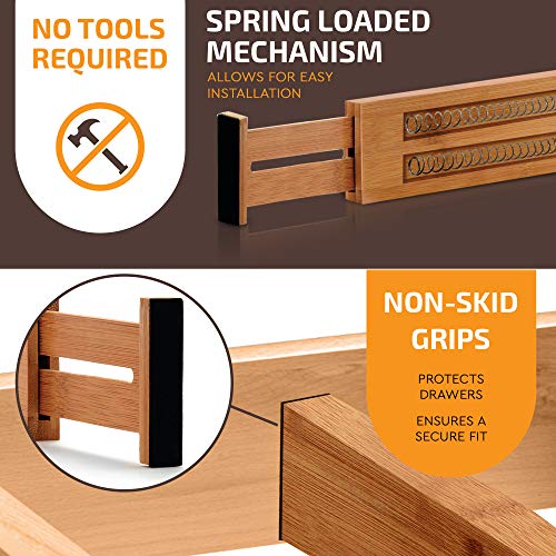 Adjustable Bamboo Drawer Dividers Organizers - Fits Standard Drawers Sized 12.2" Upto 17.3"- Expandable Kitchen Drawer Organizer Separator for Utensils, Dresser, Clothes, Bedroom, Bathroom 4pk, Natural