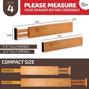 Adjustable Bamboo Drawer Dividers Organizers - Fits Standard Drawers Sized 12.2" Upto 17.3"- Expandable Kitchen Drawer Organizer Separator for Utensils, Dresser, Clothes, Bedroom, Bathroom 4pk, Natural