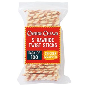 canine chews chicken-wrapped rawhide twists for dogs - pack of 100 u.s.a. sourced chicken wrapped rawhide dog treats, sticks for dogs - premium & natural beefhide chews