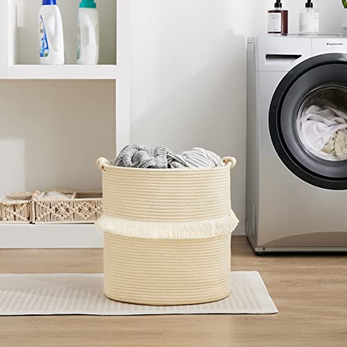 YOUDENOVA Large Woven Rope Storage Basket, Baby Nursery Hamper for Toy&Clothes, Beige Decorative Blanket Basket with Cute Knot Handles & Tassel, Boho Laundry Hamper for Living Room, 15.7 inchx16.9 inch