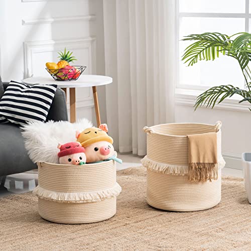 YOUDENOVA Large Woven Rope Storage Basket, Baby Nursery Hamper for Toy&Clothes, Beige Decorative Blanket Basket with Cute Knot Handles & Tassel, Boho Laundry Hamper for Living Room, 15.7 inchx16.9 inch