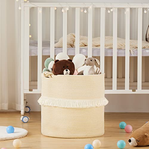 YOUDENOVA Large Woven Rope Storage Basket, Baby Nursery Hamper for Toy&Clothes, Beige Decorative Blanket Basket with Cute Knot Handles & Tassel, Boho Laundry Hamper for Living Room, 15.7 inchx16.9 inch