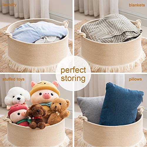 YOUDENOVA Large Woven Rope Storage Basket, Baby Nursery Hamper for Toy&Clothes, Beige Decorative Blanket Basket with Cute Knot Handles & Tassel, Boho Laundry Hamper for Living Room, 15.7 inchx16.9 inch