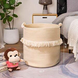 YOUDENOVA Large Woven Rope Storage Basket, Baby Nursery Hamper for Toy&Clothes, Beige Decorative Blanket Basket with Cute Knot Handles & Tassel, Boho Laundry Hamper for Living Room, 15.7 inchx16.9 inch