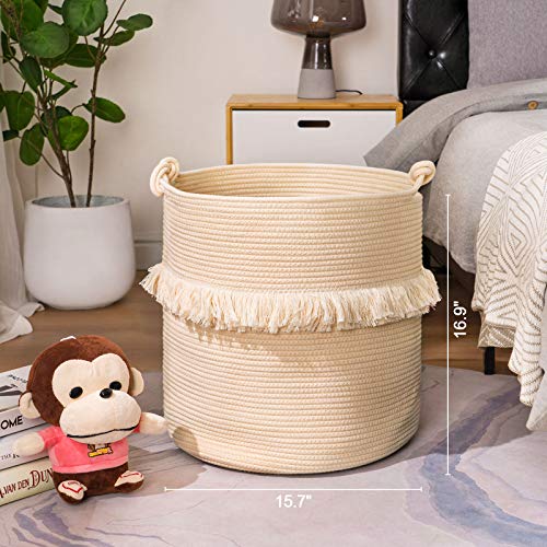 YOUDENOVA Large Woven Rope Storage Basket, Baby Nursery Hamper for Toy&Clothes, Beige Decorative Blanket Basket with Cute Knot Handles & Tassel, Boho Laundry Hamper for Living Room, 15.7 inchx16.9 inch