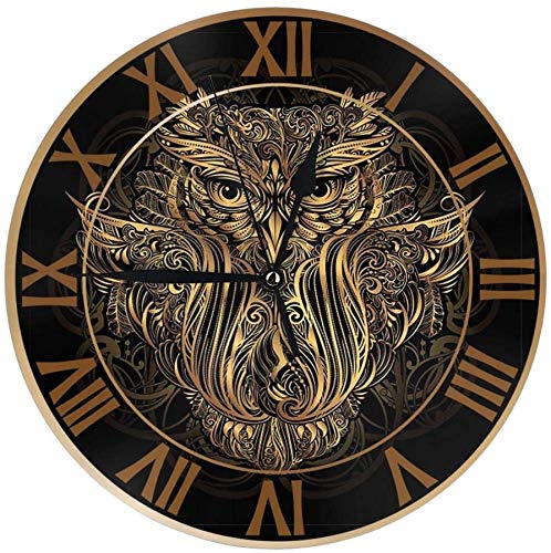 Tenghui Hand Drawn Boho Totemic and Mascot Owl Round Wall Clock Silent Non Ticking Battery Operated Easy to Read for Student Office School Home Decorative Clock Art