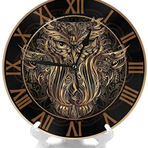 Tenghui Hand Drawn Boho Totemic and Mascot Owl Round Wall Clock Silent Non Ticking Battery Operated Easy to Read for Student Office School Home Decorative Clock Art