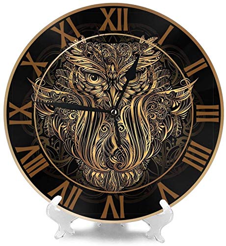 Tenghui Hand Drawn Boho Totemic and Mascot Owl Round Wall Clock Silent Non Ticking Battery Operated Easy to Read for Student Office School Home Decorative Clock Art