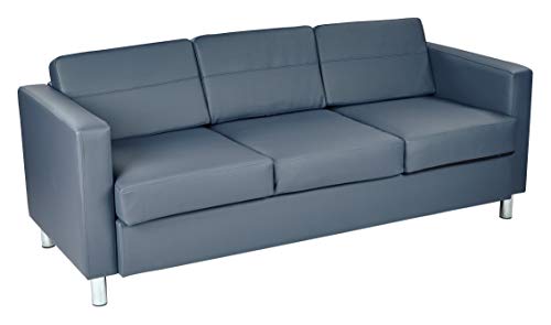 Office Star Pacific Sofa with Padded Box Spring Seats and Silver Finish Legs, Dillon Blue Faux Leather