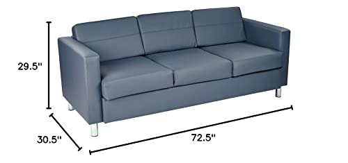 Office Star Pacific Sofa with Padded Box Spring Seats and Silver Finish Legs, Dillon Blue Faux Leather