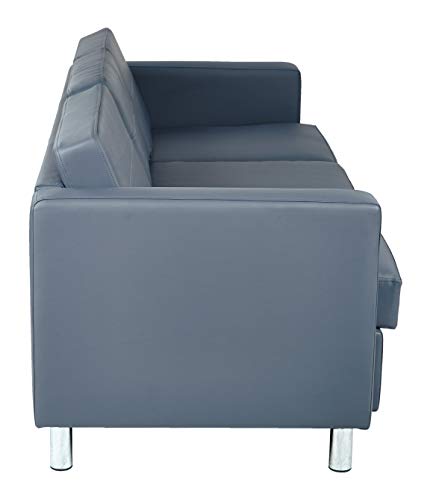 Office Star Pacific Sofa with Padded Box Spring Seats and Silver Finish Legs, Dillon Blue Faux Leather