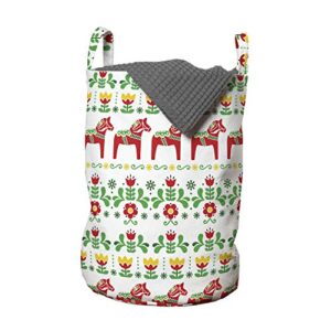 ambesonne folk art laundry bag, scandinavian themed pattern of swedish dala horse and flowers, hamper basket with handles drawstring closure for laundromats, 13" x 19", green vermilion