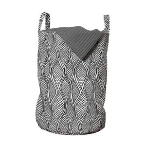 lunarable reptile laundry bag, scale pattern with vertical lines pattern snake serpent skin design monochrome, hamper basket with handles drawstring closure for laundromats, 13" x 19", black white