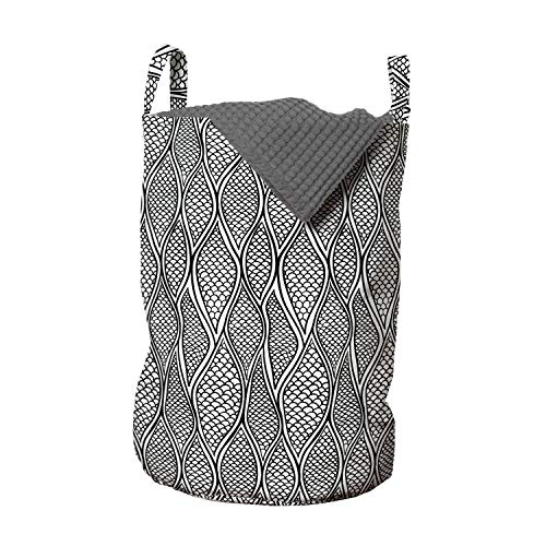 Lunarable Reptile Laundry Bag, Scale Pattern with Vertical Lines Pattern Snake Serpent Skin Design Monochrome, Hamper Basket with Handles Drawstring Closure for Laundromats, 13" x 19", Black White