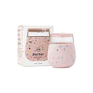 W&P Porter Portable Cocktail Glass with Protective Silicone Sleeve, Terrazzo Blush, 15 Ounces, On-the-Go, Reusable Wine Tumbler with Slide-lock Lid, Dishwasher Safe, 15 oz