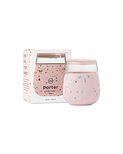 W&P Porter Portable Cocktail Glass with Protective Silicone Sleeve, Terrazzo Blush, 15 Ounces, On-the-Go, Reusable Wine Tumbler with Slide-lock Lid, Dishwasher Safe, 15 oz