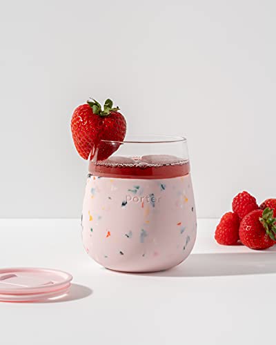 W&P Porter Portable Cocktail Glass with Protective Silicone Sleeve, Terrazzo Blush, 15 Ounces, On-the-Go, Reusable Wine Tumbler with Slide-lock Lid, Dishwasher Safe, 15 oz