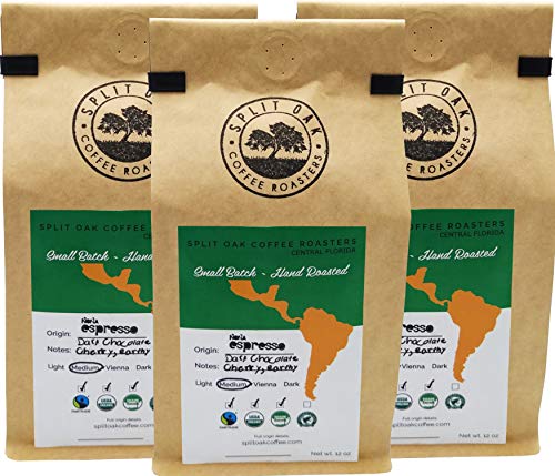 3 PACK of Perfect Espresso Blend Whole Beans. Africa, Indonesia and South America best Beans. Balanced mind blowing Nona Espresso, Cherry and Earthy Notes, Dark Chocolate, Caramel, Creamy and Walnut taste. Try Split Oak Coffee Roasters!