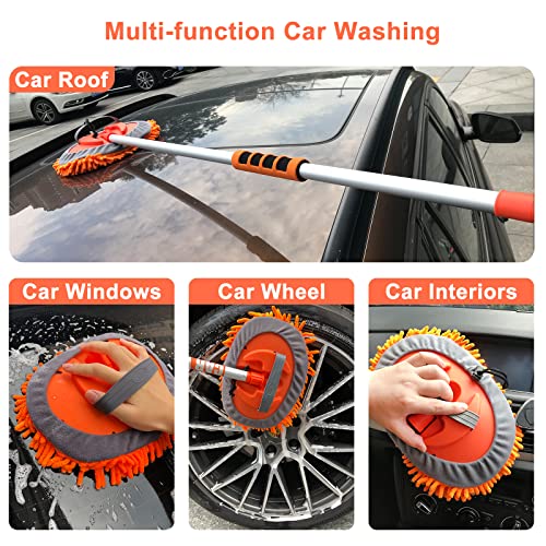 Buyplus Car Wash Brush Mop with 46" Aluminum Alloy Long Handle, 3-in-1 Chenille Microfiber Car Cleaning Kit Brush Duster, Not Hurt Paint Scratch Free Window Squeegee(Orange)