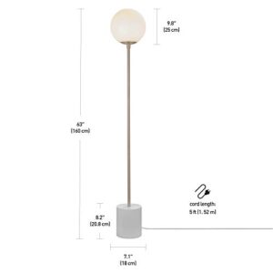 Globe Electric "Celestia 63"" Floor Lamp, Matte Brass, Frosted Glass Shade, White Cylinder Base