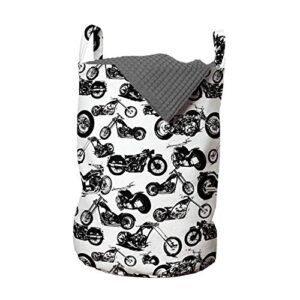 ambesonne motorcycle laundry bag, retro chopper pattern monochrome motorbike design adventure cruising theme, hamper basket with handles drawstring closure for laundromats, 13" x 19", black white