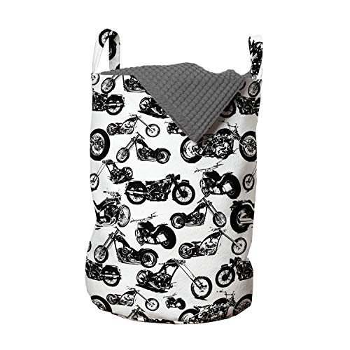 Ambesonne Motorcycle Laundry Bag, Retro Chopper Pattern Monochrome Motorbike Design Adventure Cruising Theme, Hamper Basket with Handles Drawstring Closure for Laundromats, 13" x 19", Black White