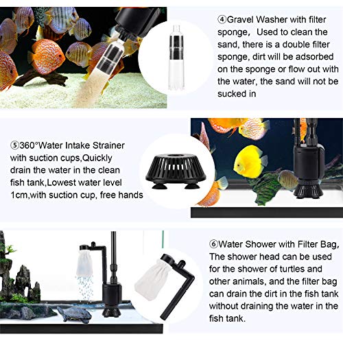 AQQA Aquarium Gravel Cleaner Siphon Kit,6 in 1 Electric Fish Tank Automatic Removable Vacuum Water Changer,Multifunction Wash Sand Filter Water Circulation 110V 60Hz/ 20W 320GPH