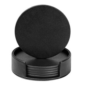 kemmper drink coasters set of 6 leather coasters spill protection for table desk,durable and non slip leather coaster perfect for common size glass coffee cup & mug,4 inches(round black coasters)