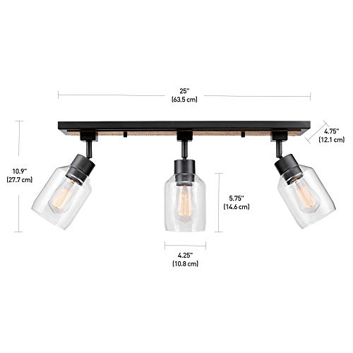 Globe Electric 59798 25" 3-Light Track Lighting, Faux Wood Finish, Matte Black Accents, Clear Glass Shades, Track Ceiling Light, Track Lighting Kit, Vintage, Ceiling Light Fixture, Home Improvement