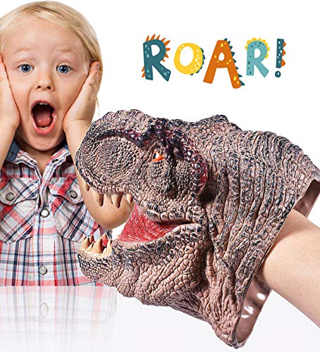 Liberty Imports 2 Pack Dinosaur Hand Puppets | Realistic Soft Rubber Tyrannosaurus Rex & Triceratops Hand Puppet Toys Set for Kids Adults Imaginative Play