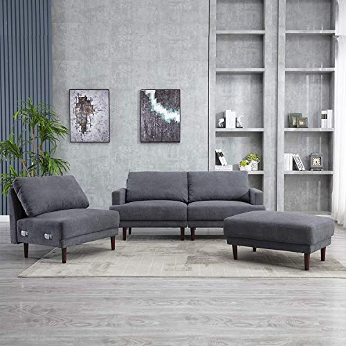 JULYFOX Dark Gray Fabric Sofa with Convertible Ottoman, L-Shaped 3-seat Corner Couch with Reversible Chaise Lounger Polyester Fabric for Living Room Office Club Small Spaces