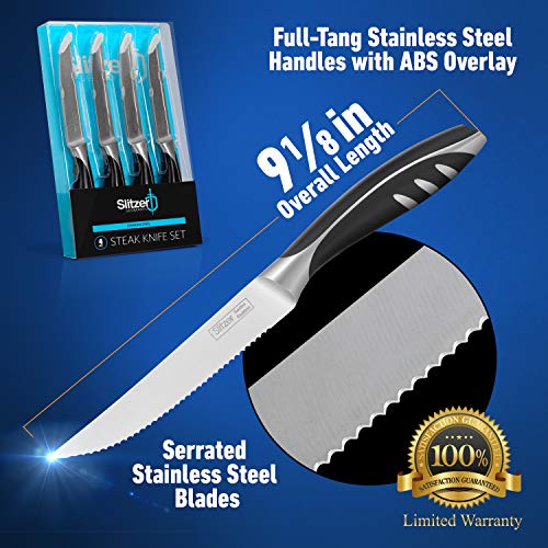 Slitzer Germany Steak Knife Set - 4 Piece Stainless Steel Kitchen Knife Set - Serrated, Sharp and Durable Steak Knives Set for Dinner, Restaurant and Steakhouse Use