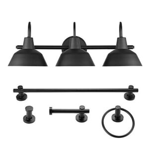 globe electric 51710 5-piece bathroom accessory set, with vanity, matte black, 3-light vanity light, towel bar, towel ring, robe hook, toilet paper holder, bathroom lights over mirror, home décor