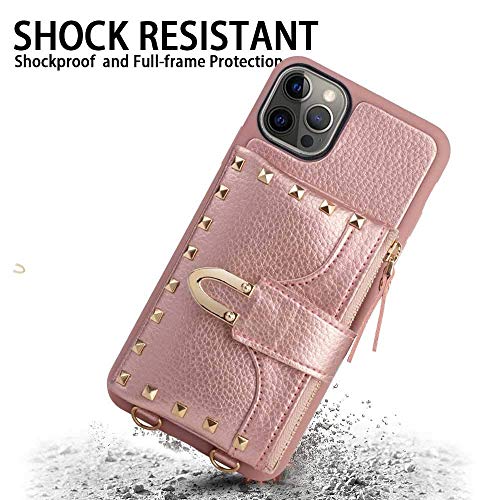 ZVE iPhone 12 and iPhone 12 Pro Wallet Case,iPhone 12 Pro/iPhone 12 Case with Zipper Card Slot Holder Crossbody Shoulder Chain Leather Handbag Purse for Apple iPhone 12 Pro/iPhone 12 6.1" - Rose Gold