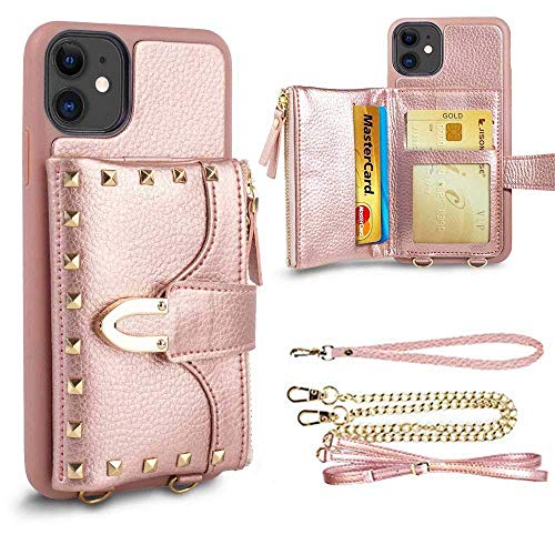 ZVE iPhone 12 and iPhone 12 Pro Wallet Case,iPhone 12 Pro/iPhone 12 Case with Zipper Card Slot Holder Crossbody Shoulder Chain Leather Handbag Purse for Apple iPhone 12 Pro/iPhone 12 6.1" - Rose Gold